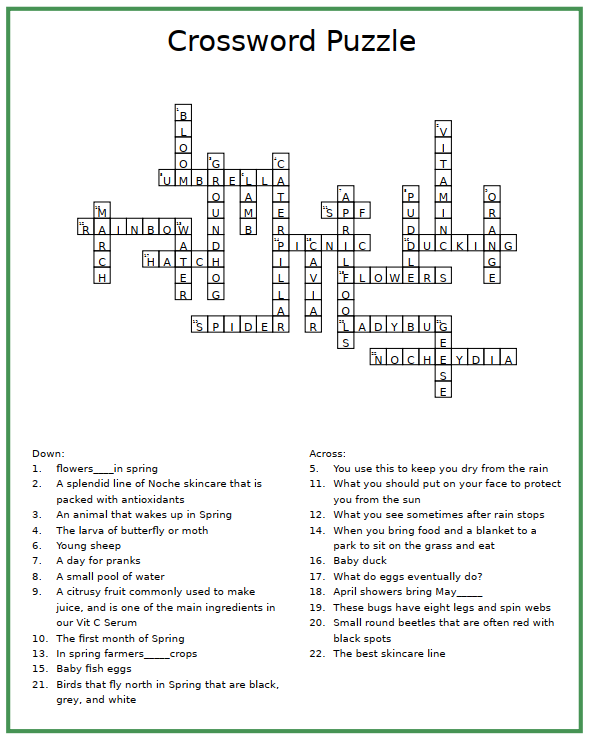 Spring Crossword Answer Key – Noche Skincare